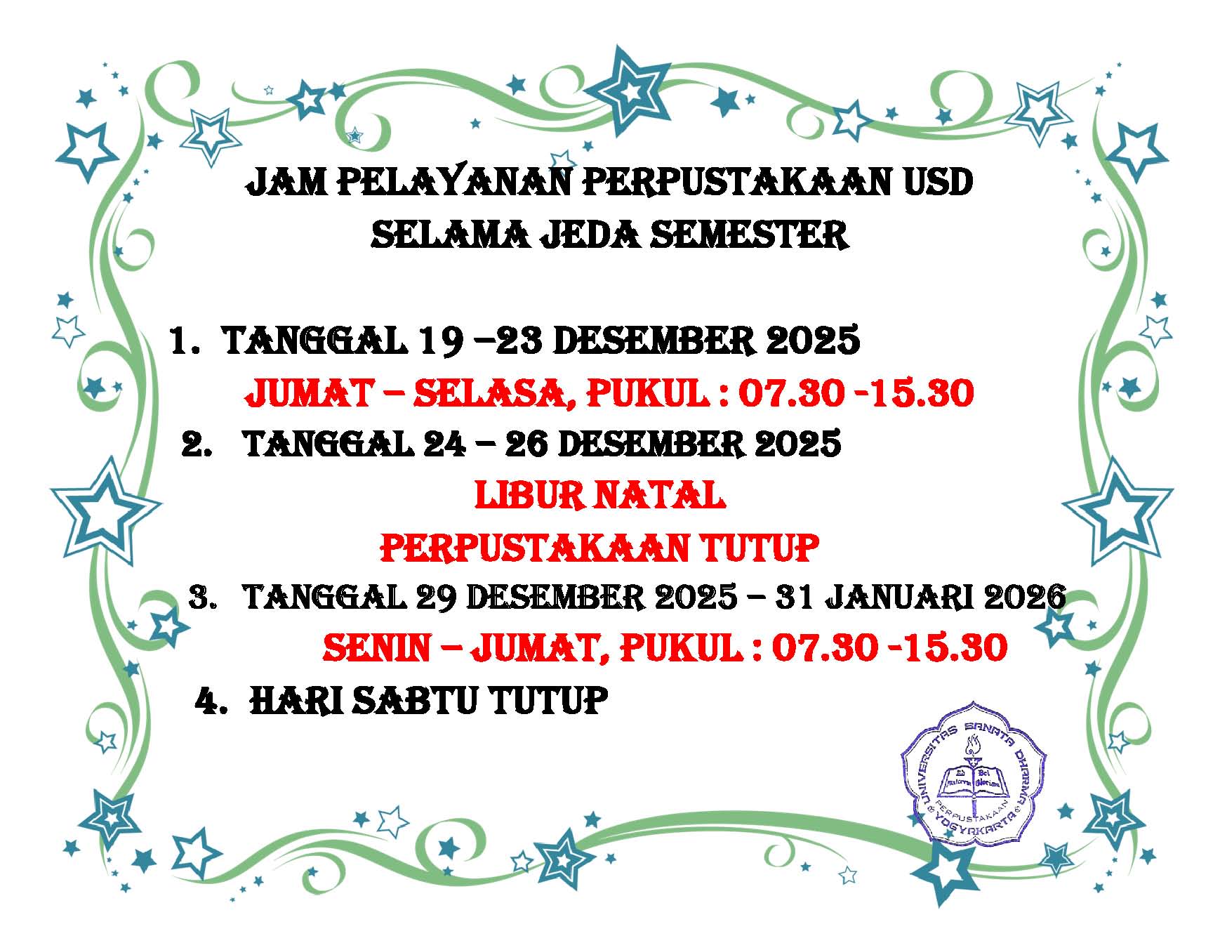 Perpustakaan USD - Pengumuman Layanan Masa Jeda Semester